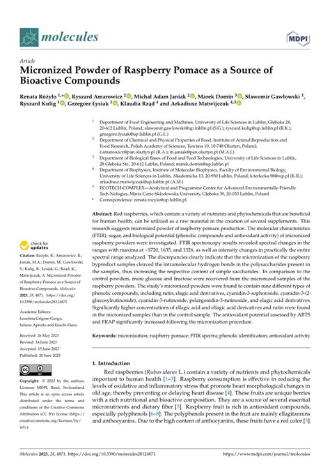 Pdf Micronized Powder Of Raspberry Pomace As A Source Of Bioactive Compounds