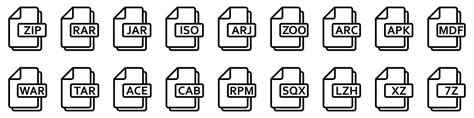 Linear Vector Icons Of Various Archive File Formats For Archiving