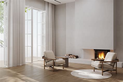 현대적인 벽난로 안락의자 베이지색 석고 벽이 있는 미니멀한 거실 인테리어 인테리어 모형 3d 렌더링 거실에 대한 스톡 사진 및 기타 이미지 Istock