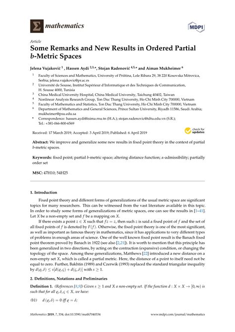 PDF Some Remarks And New Results In Ordered Partial B Metric Spaces