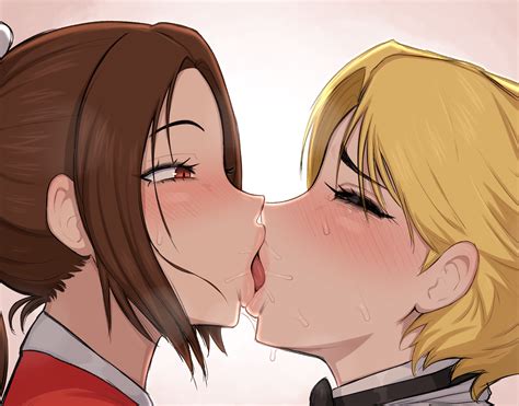 Rule 34 2girls Afrobull Blonde Hair Blush Brown Hair Closed Eyes