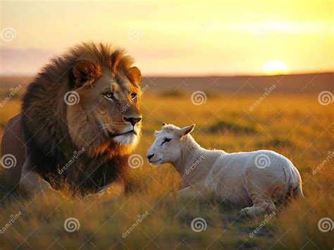 Lion And Lamb Lay Down Together In The Field Stock Illustration