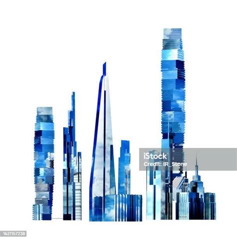 고층 빌딩과 푸른 하늘이 반사되는 사무실 건물이 있는 아름다운 도시 아이콘입니다 3d 렌더링 그림 건설 산업에 대한 스톡 사진 및 기타 이미지 Istock