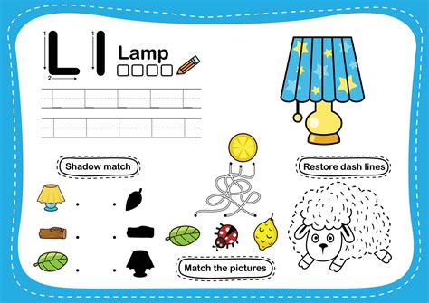 Alphabet Letter L Lamp Exercise With Cartoon Vocabulary Illustration