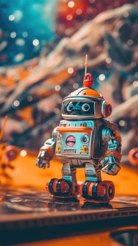 A Toy Robot Sitting On Top Of A Wooden Table Generative Ai Image