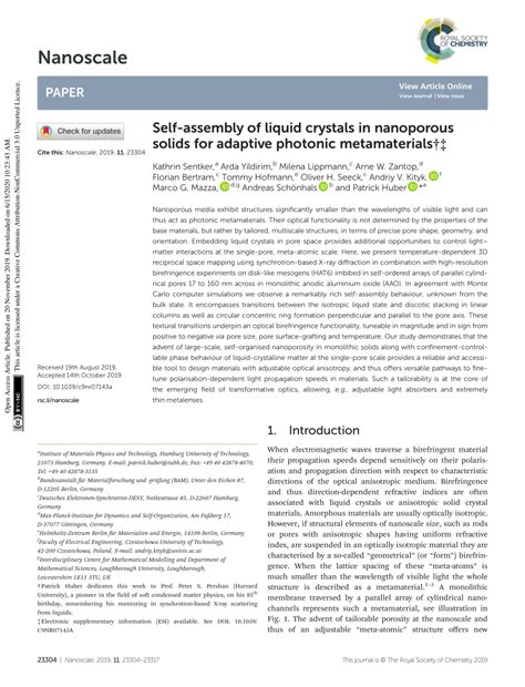 Pdf Self Assembly Of Liquid Crystals In Nanoporous Solids For Adaptive Photonic Metamaterials