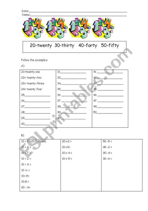 Numbers 20 50 Esl Worksheet By Evamarta Worksheets Number