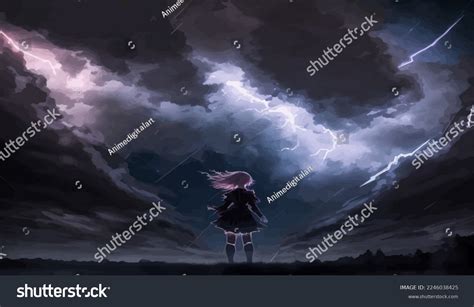 Alone Anime Girl Watching Lightning Dark Stock Illustration 2246038425