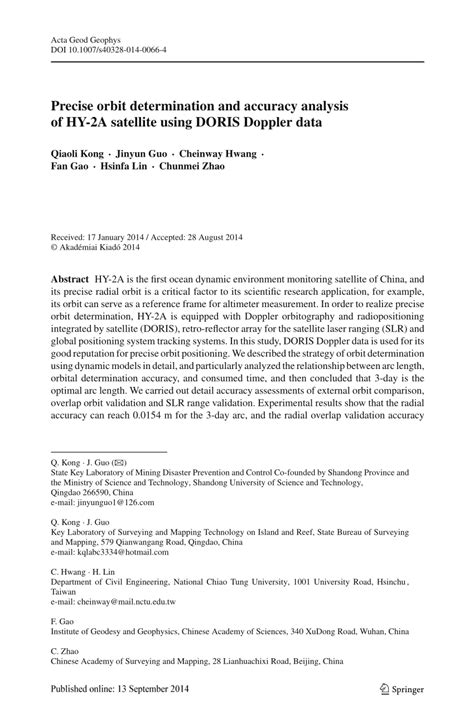 Pdf Precise Orbit Determination And Accuracy Analysis Of Hy 2a Satellite Using Doris Doppler Data