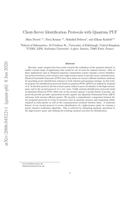 Pdf Client Server Identification Protocols With Quantum Puf