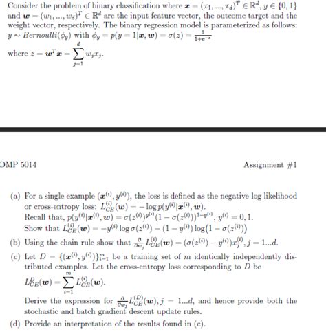 Solved Consider The Problem Of Binary Classication Where X