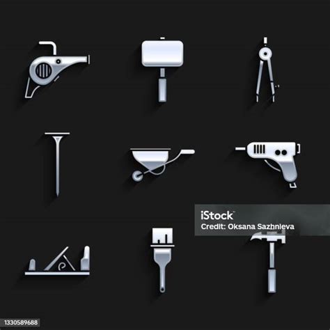 수레 페인트 브러시 발톱 망치 전기 뜨거운 접착제 총 나무 비행기 도구 금속 손톱 드로잉 나침반과 잎 정원 송풍기 아이콘을 설정합니다 벡터 갈고리 발톱에 대한 스톡 벡터