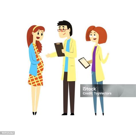클리닉 만화 벡터 일러스트 레이 션에 흰색 배경에서 의사는 임신한 여자 Visitng 2명에 대한 스톡 벡터 아트 및 기타 이미지 2명 가족 건강 진단 Istock