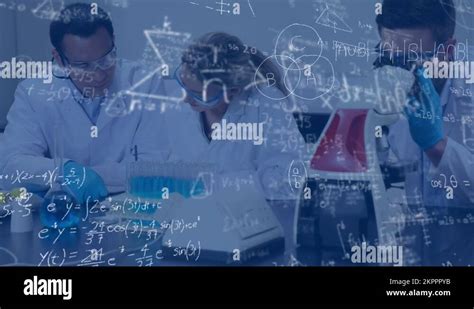Animation Of Math Formulas Over Diverse Female And Male Lab Workers