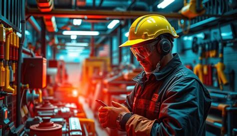 Man Wearing A Hard Hat And Safety Glasses Checks Phone Premium Ai