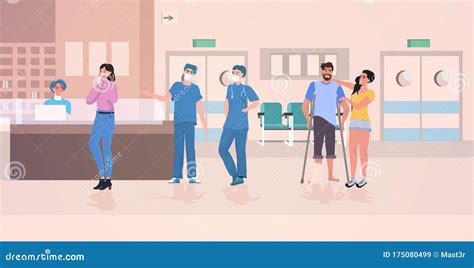 Busy Hospital Corridor Activities Nurse Patient In Queue Waiting Doctor