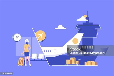 공항 터미널에서 비행기를보고 여자 여행당신의 비행을 예약의 개념 일러스트 템플릿 개념에 대한 스톡 벡터 아트 및 기타 이미지 개념 개념과 주제 고객 Istock
