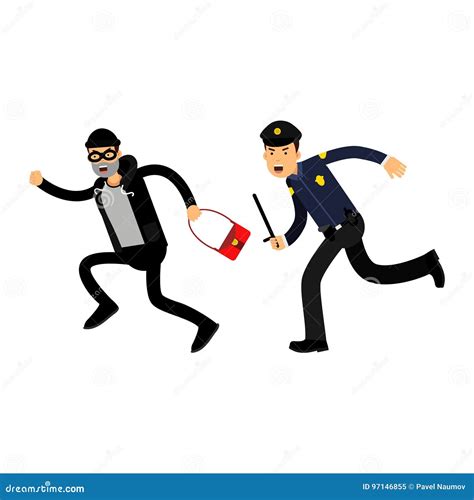 Police Officer In A Blue Uniform With Truncheon Chasing A Thief With