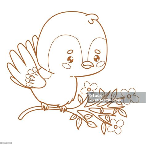 꽃이 만발한 가지에 만화 참새를 윤곽선 재미 있은 귀여운 캐릭터 작은 새 선화 색칠 공부 벡터 일러스트 레이 션 가공의 인물에