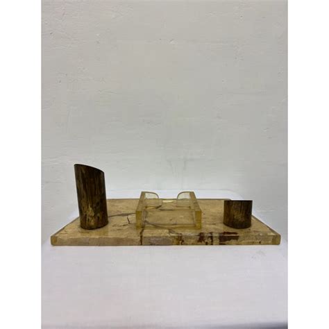 Brazilian Mid Century Resin Encased Travertine Desk Organizer 1970s