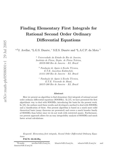 Pdf Finding Elementary First Integrals For Rational Second Order Ordinary Differential Equations