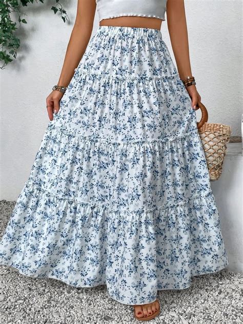 Womens Fashionable Sweet Ditsy Floral Long Skirt For Summer Long