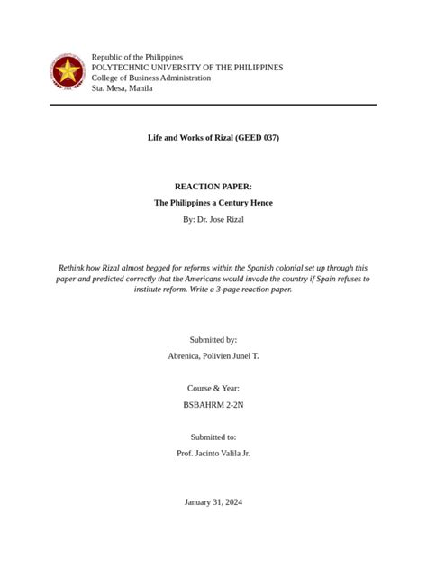 Activity 5 Reaction Paper In The Philippines A Century Hence Pdf