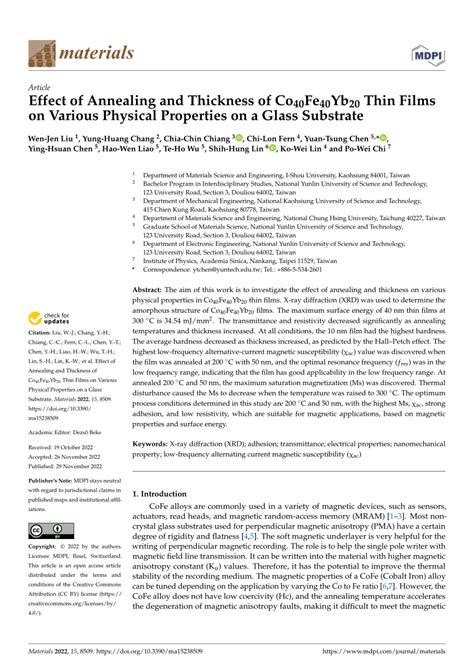 Pdf Effect Of Annealing And Thickness Of Co40fe40yb20 Thin Films On Various Physical