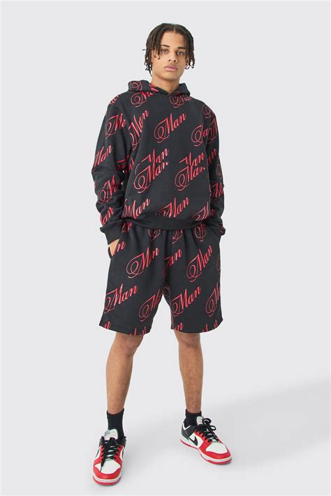 Tracksuits Man Script All Over Print Boxy Hooded Short Tracksuit