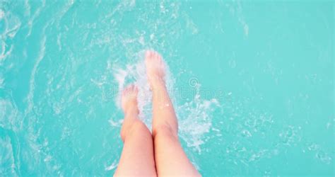 Barefoot Female Sunbathing Playing Feet In Pure Water At Outdoor