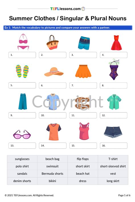 Summer Clothes Vocabulary Singular Plural Nouns ESL Resources