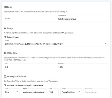 the interface of new server creating in kubeflow interface with