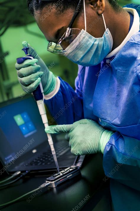 Researcher Preparing A Portable Sequencing Instrument Stock Image C057 0311 Science Photo