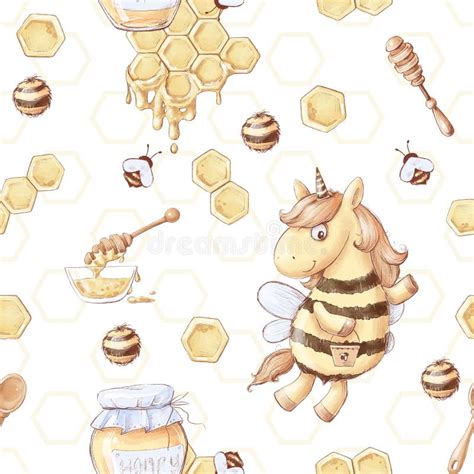 Seamless Pattern Cartoon Unicorn Bee Collects Honey Watercolor