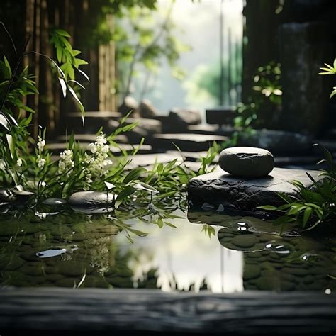 Premium Photo Meditation Pond With Bamboo Fountain Andpebbles