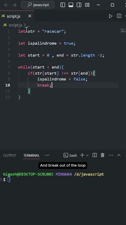 javascript palindrome checker with while loop shorts youtube