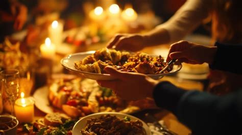 A Closeup Of Hands Passing Food Around The Thanksgiving Table Premium