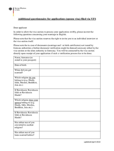 Fillable Online Additional Questionnaire For Applications Spouse Visa Filed Via VFS Fax Email