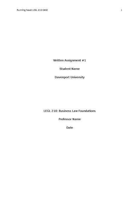 Legl Written Assignment Running Head Legl Case Written
