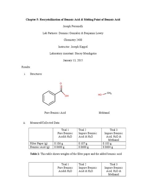 Recrystalization Of Benzoic Acid Properties Of Water Acid