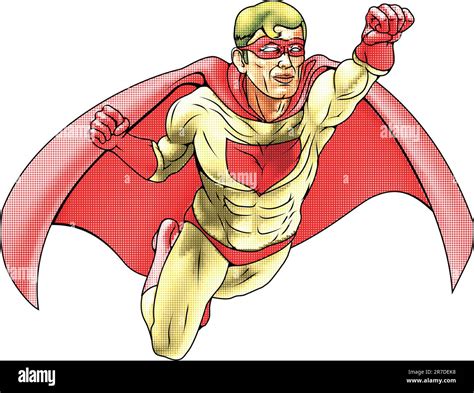 Illustration Of Super Hero Dressed In Red And Yellow Costume And Cape Flying Has Color Haftone