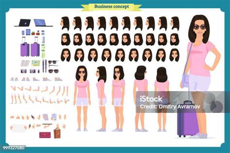 여성 관광 휴가 여행자 캐릭터 생성을 설정합니다 전체 길이 조회 감정 제스처 황갈색 피부 색조 백색 배경 당신의 자신의 디자인을 구축 합니다 등장인물에 대한 스톡 벡터 아트