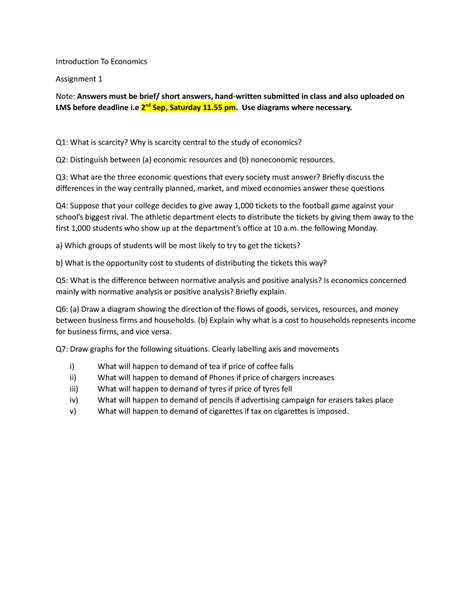 Ite Assignment Introduction To Economics Assignment Note Answers Must Be Brief Short