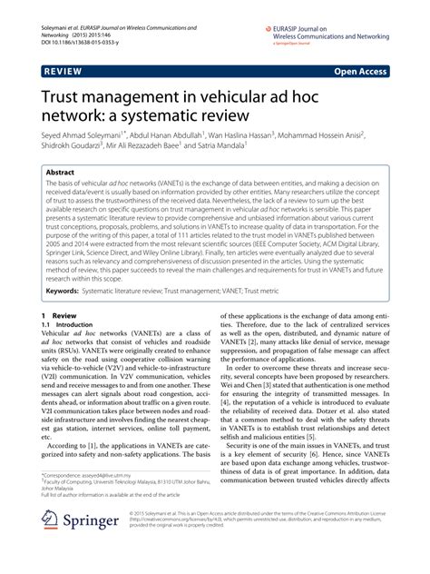 pdf trust management in vehicular ad hoc network a systematic review