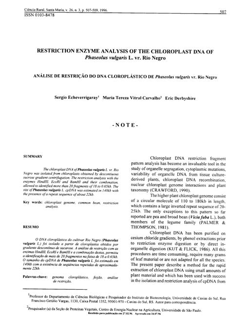 Pdf Restriction Enzyme Analysis Of The Chloroplast Dna Of Phaseolus