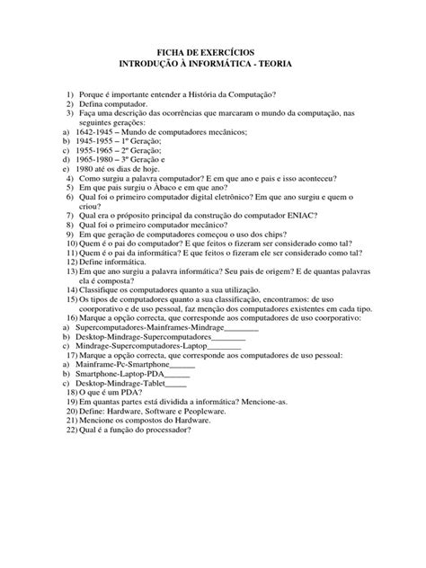 Lista De Exercícios 1 Evolução Histórica Da Computação E Aplicações