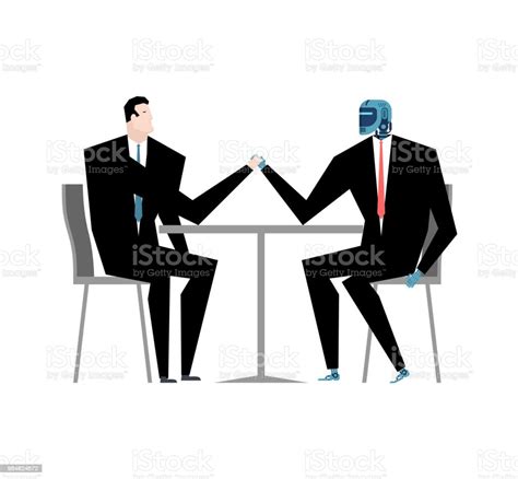 사이보그와 사업가 회담입니다 로봇 그리고 테이블에서 남자입니다 인공 지능입니다 벡터 일러스트 레이 션 개념에 대한 스톡 벡터