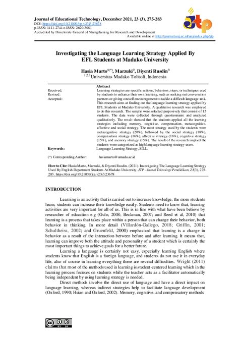 Pdf Investigating The Language Learning Strategy Used By English