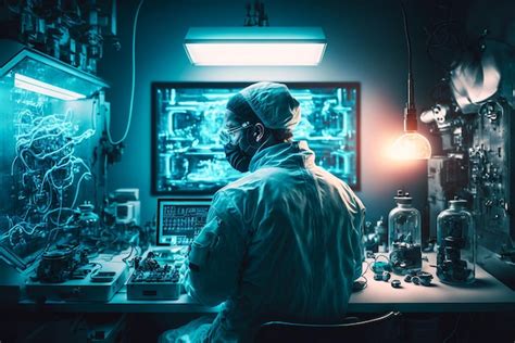Premium Photo A Man In A Lab Coat Sits At A Desk With A Computer