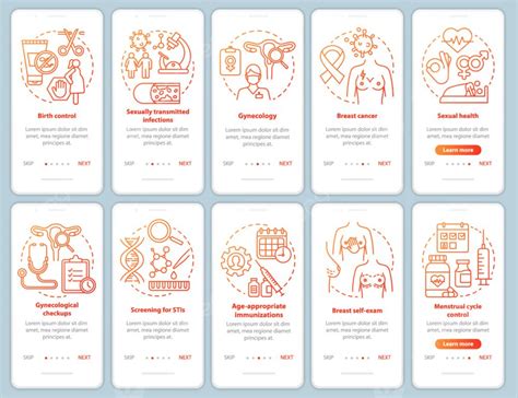 Women Healthcare Red Onboarding Mobile App Page Screen Vector Template